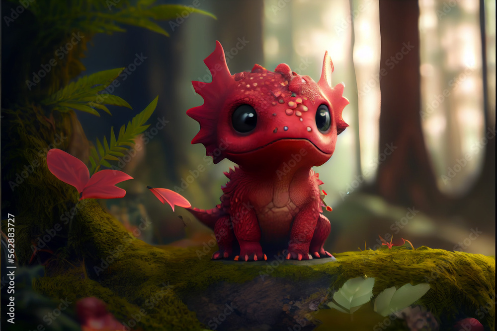 Super cute red little baby dragon standing in the peaceful forest. CG ...
