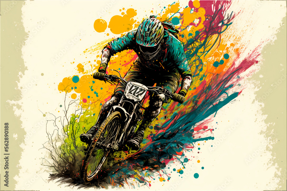 Downhill, racing, biker, bicycle, splash art, colorful, creative ...
