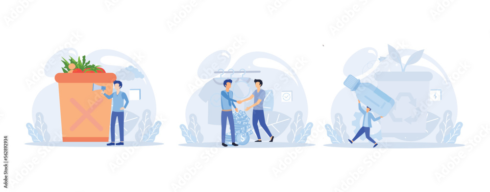 Sustainability illustration. Characters reducing food waste, buying ...