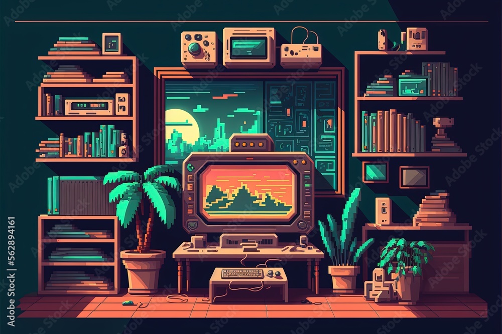 Game room with console, 80's style, pixel art. Generative AI Stock ...