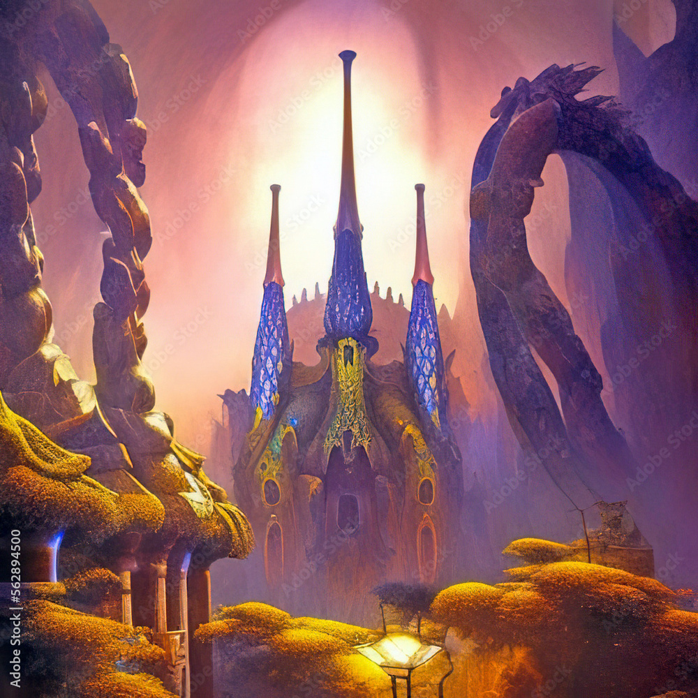 Ilustrace „Cathedral or castle on a fantasy alien planet with trees and ...