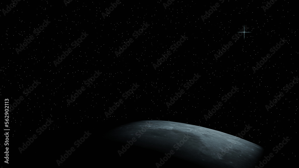 Spotted light on moon surface with star field and blue star burst in ...