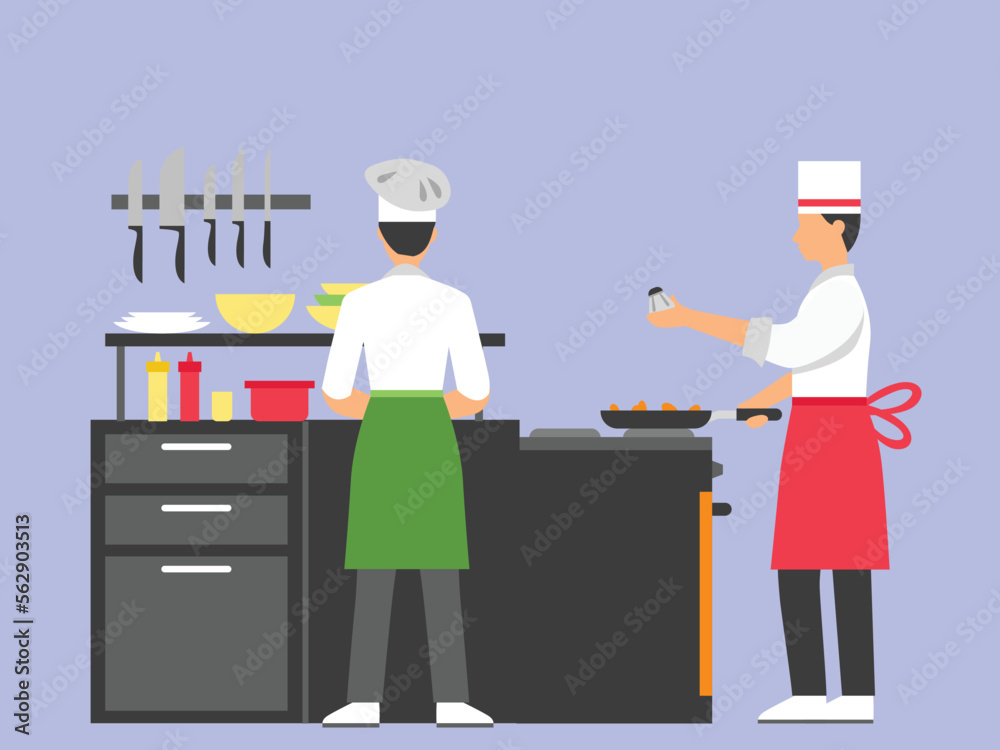 Restaurant worker and chefs are cooking in the restaurant kitchen ...
