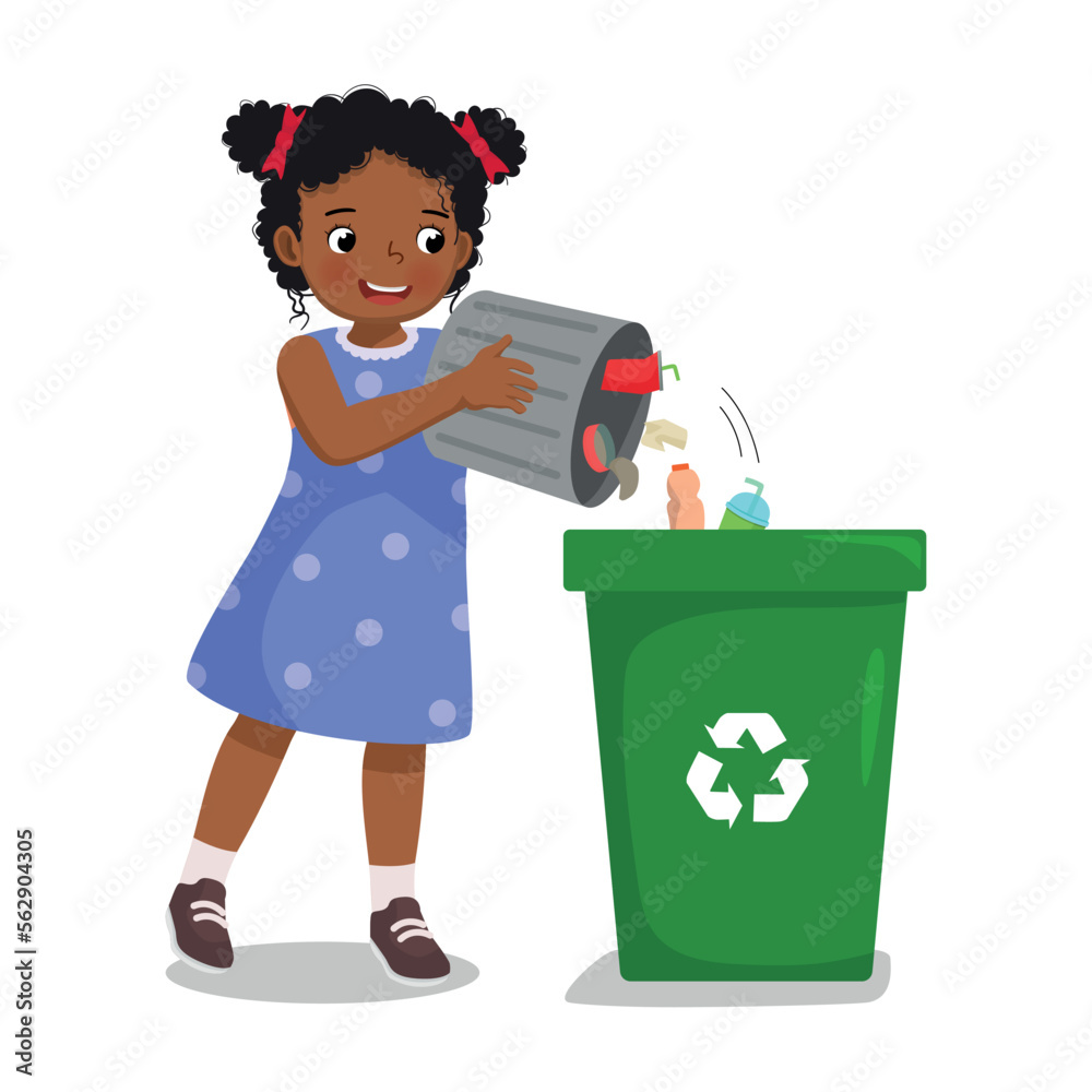 cute little African girl taking out the trash into recycling bin doing ...