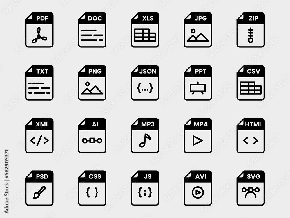 Document file format folder pdf doc xls jpg zip txt png json ppt csv ...