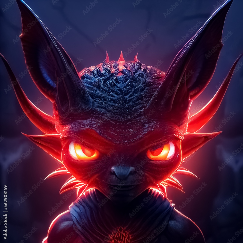 A fierce goblin with bloodshot eyes in the dark. The goblin with its ...