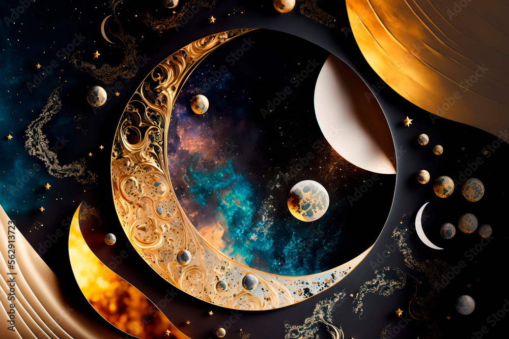 Moon phases , Space with planets, comets, constellations and stars ...
