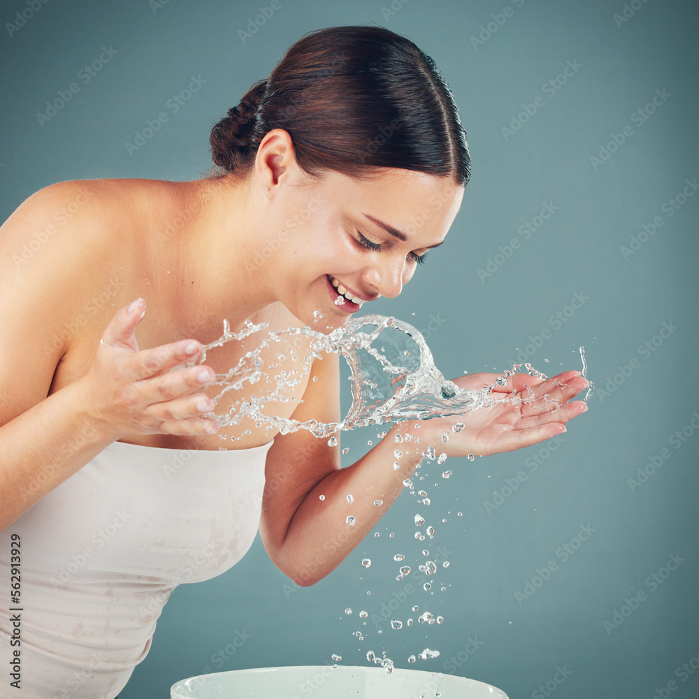 Water splash, woman and skincare while washing face for dermatology ...