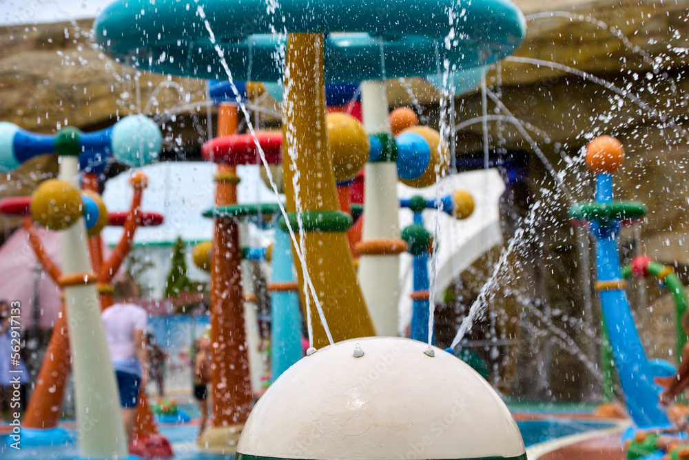 Colorful children's water playground in amusement park. Children's ...