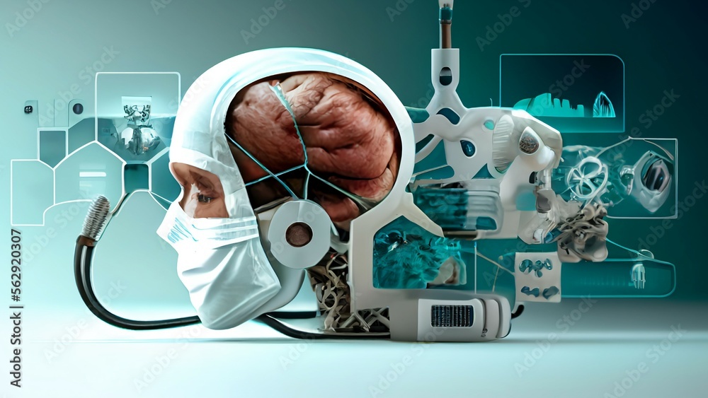 Human brain attached to a medical device while doing a futuristic ...
