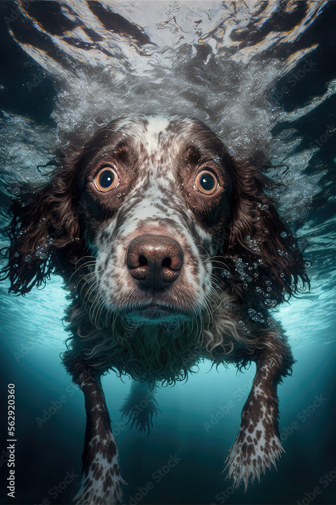Underwater funny photo of puppy dog in swimming pool play with fun ...