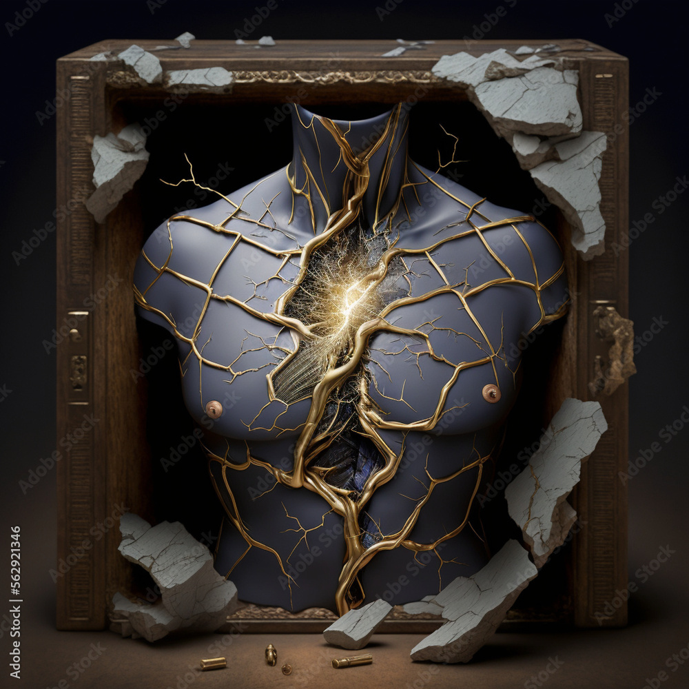 The torso of a man is depicted in a wooden box with a broken handle ...