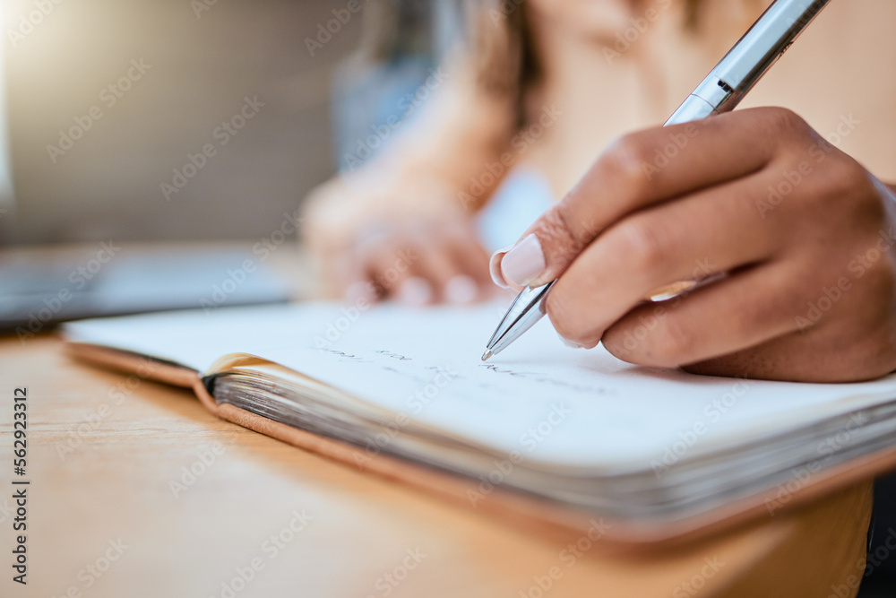 Schedule, writing and zoom of hand with notebook for planning ...