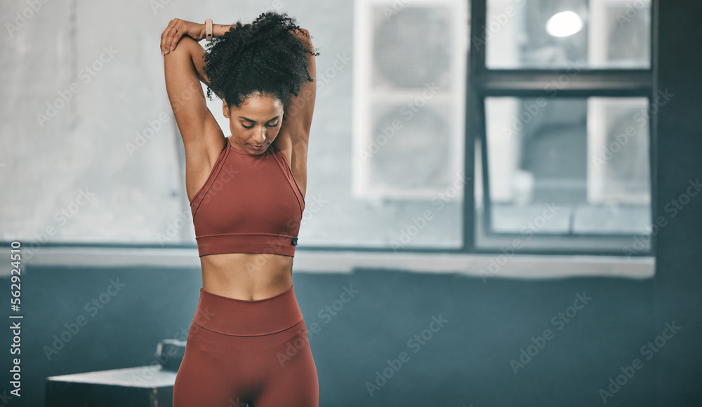 Exercise, black woman and stretching in gym, fitness and workout for ...