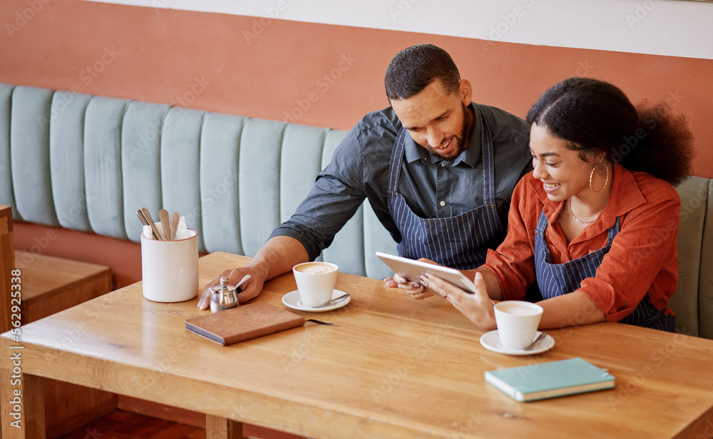 Business meeting, cafe team and tablet of social media marketing ...