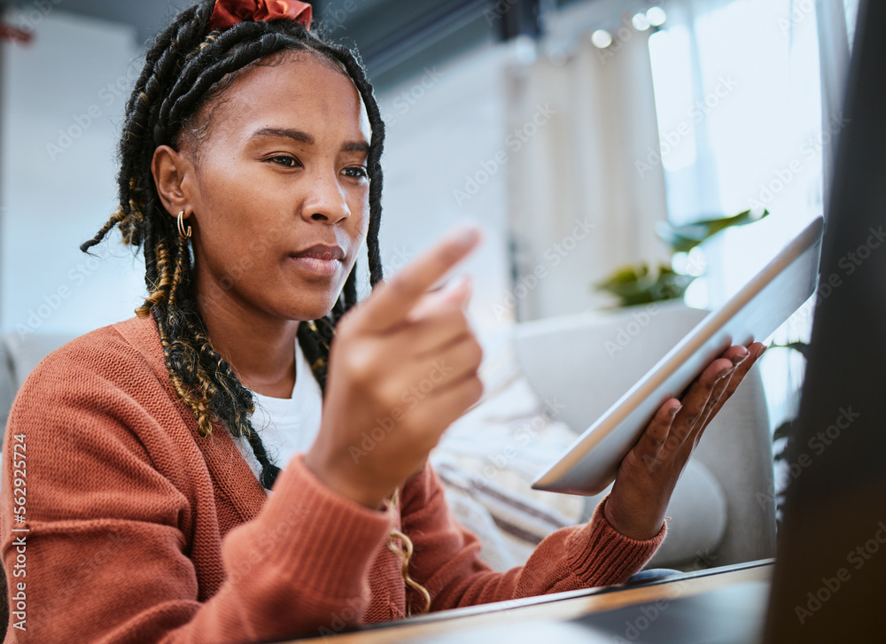 Black woman, tablet and reading on laptop for online email ...