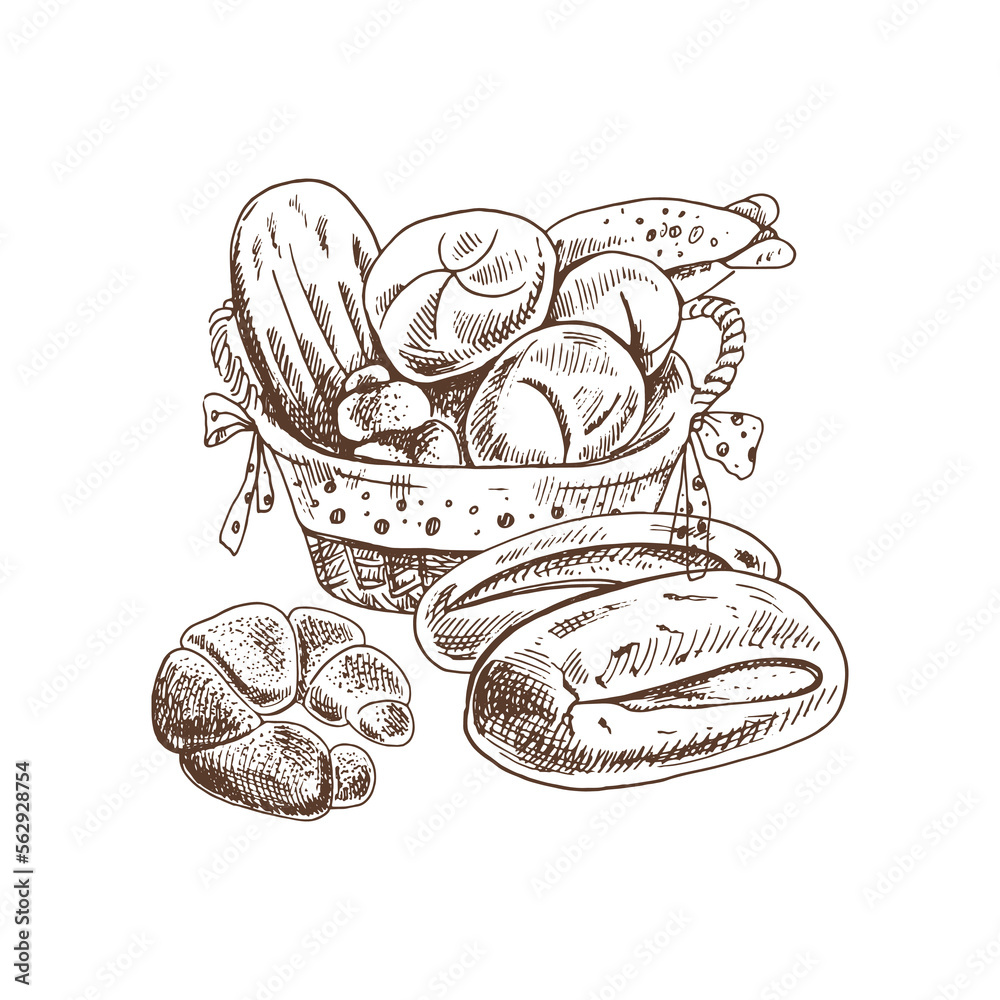 Vintage hand drawn sketch style bakery set. Wicker basket with bread ...