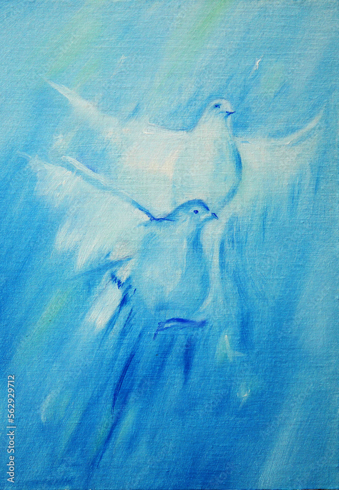 Couple doves in love on blue sky. Hand drawn oil painting on canvas ...