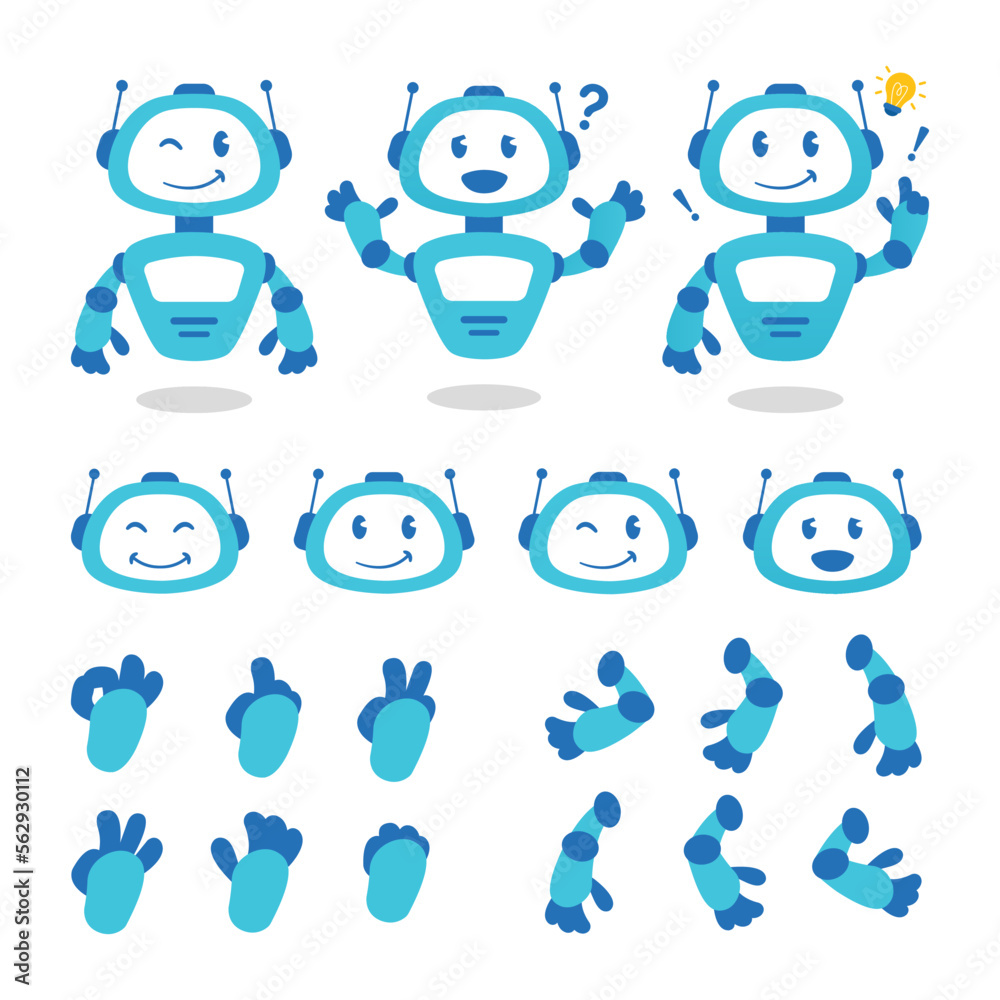 Cute simple robot cartoon character vector illustration set animation ...