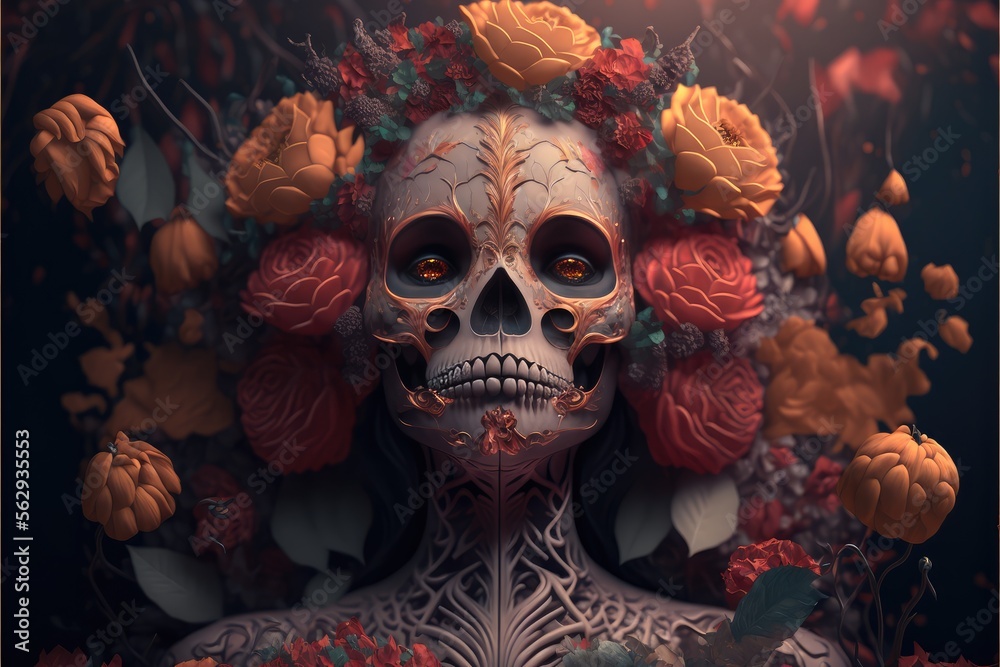 La Santa Muerte. Mexican Skull adorned with flowers. Calavera Grim ...
