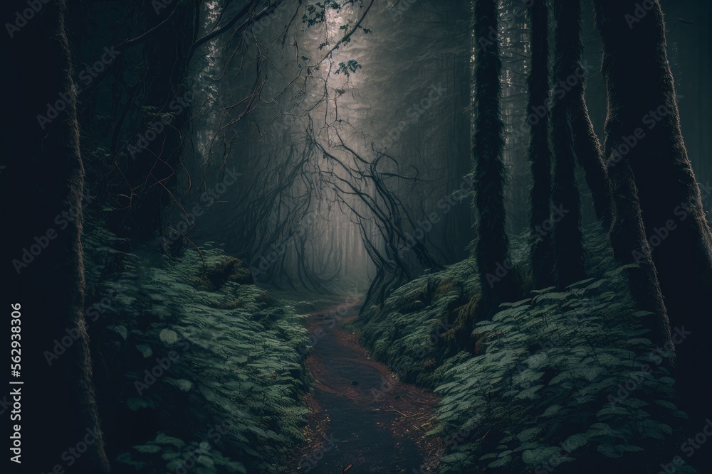 foggy forest with a path and overreaching branches, generative ai ...