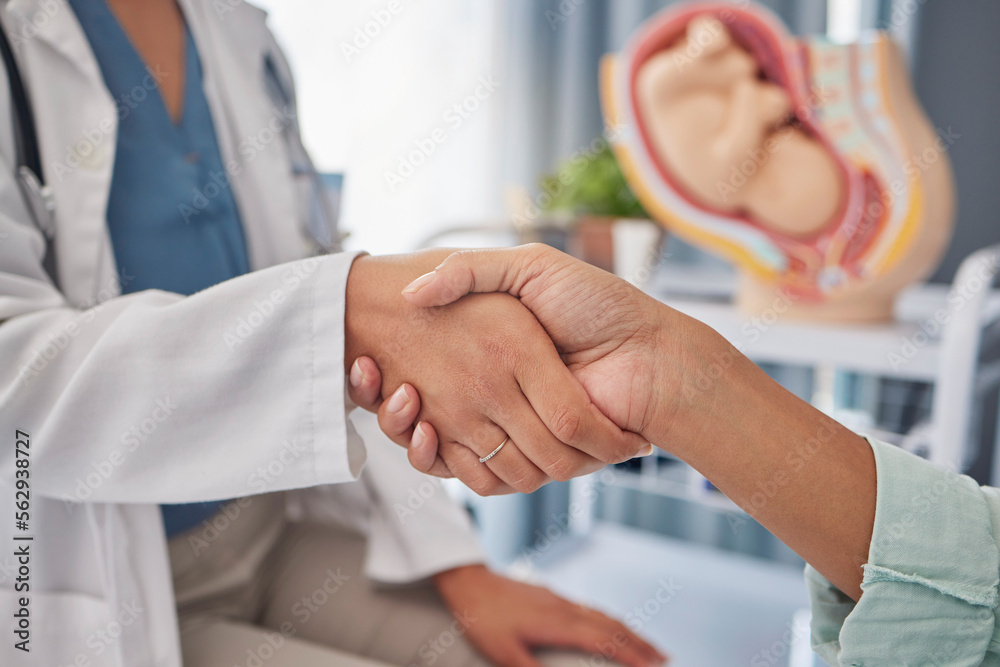 Pregnancy patient, doctor and gynecologist handshake for welcome, thank ...