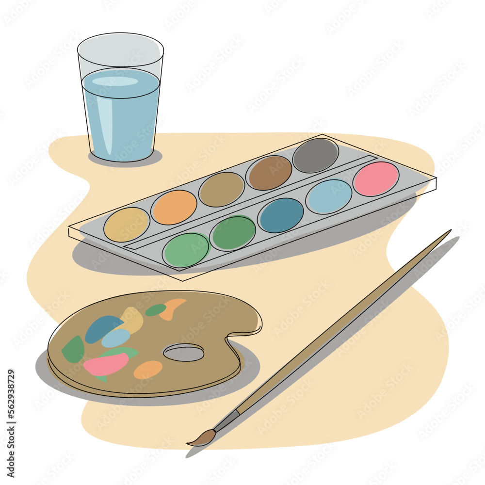 Painting tools elements cartoon colorful vector set. Art supplies easel with canvas paint tubes brushes pencil watercolor palette. Drawing creative materials for workshops designs vector de Stock Adob...