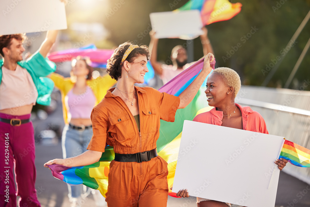 People, protest and march for LGBTQ with pride for gay, lesbian or ...