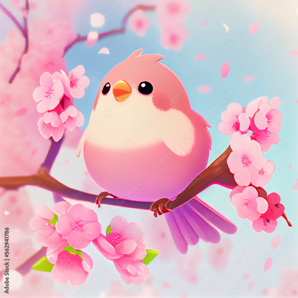 Adorable pink bird sitting on a branch of a cherry blossom tree in ...