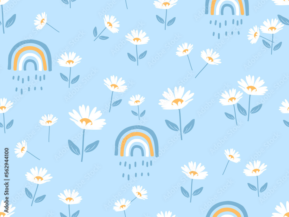Seamless pattern with daisy flower and rainbows on blue background ...