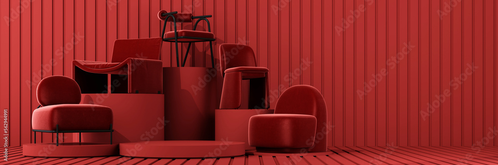 Interior of the room in plain monochrome light red color with chair and ...