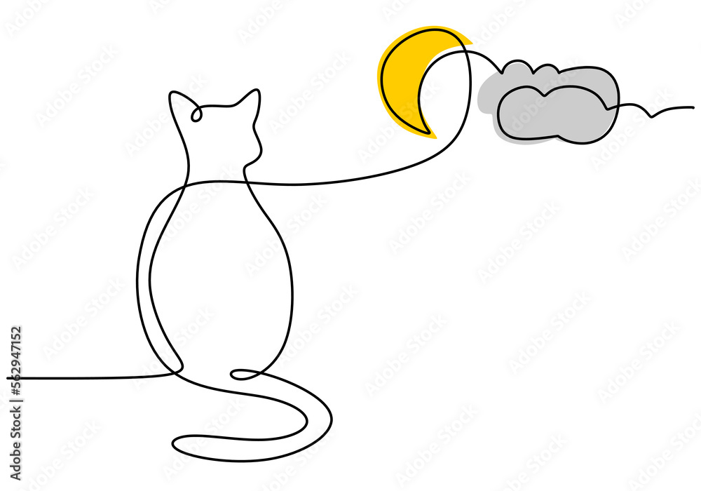 Hand drawing one line of cat and moon isolated on white background ...
