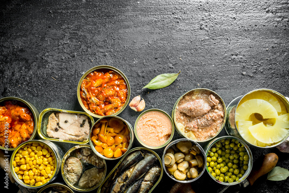 Various canned food in open cans. Stock Photo | Adobe Stock