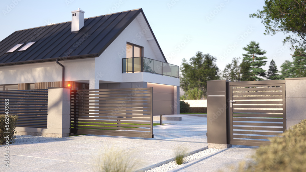 Modern house with fence and automatic Sliding Gate. 3D illustration ...