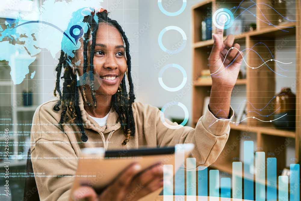 Tablet, world map data and woman pointing at digital info ...