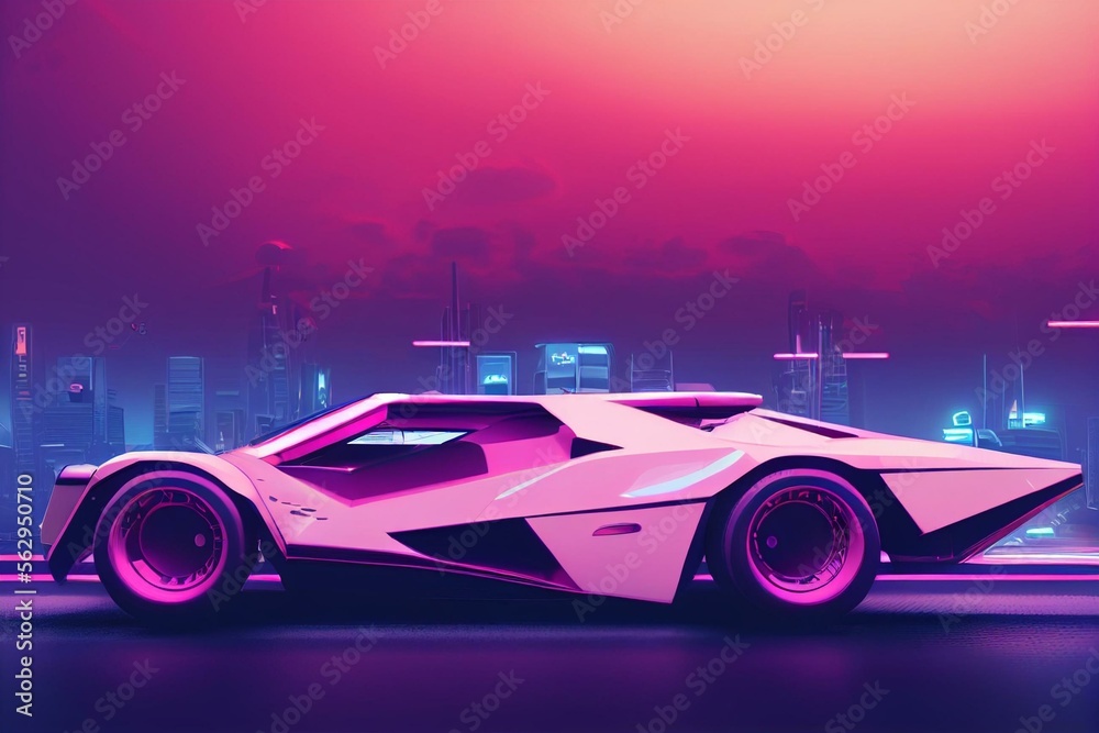 Retro futuristic back side view 80s supercar on trendy synthwave ...