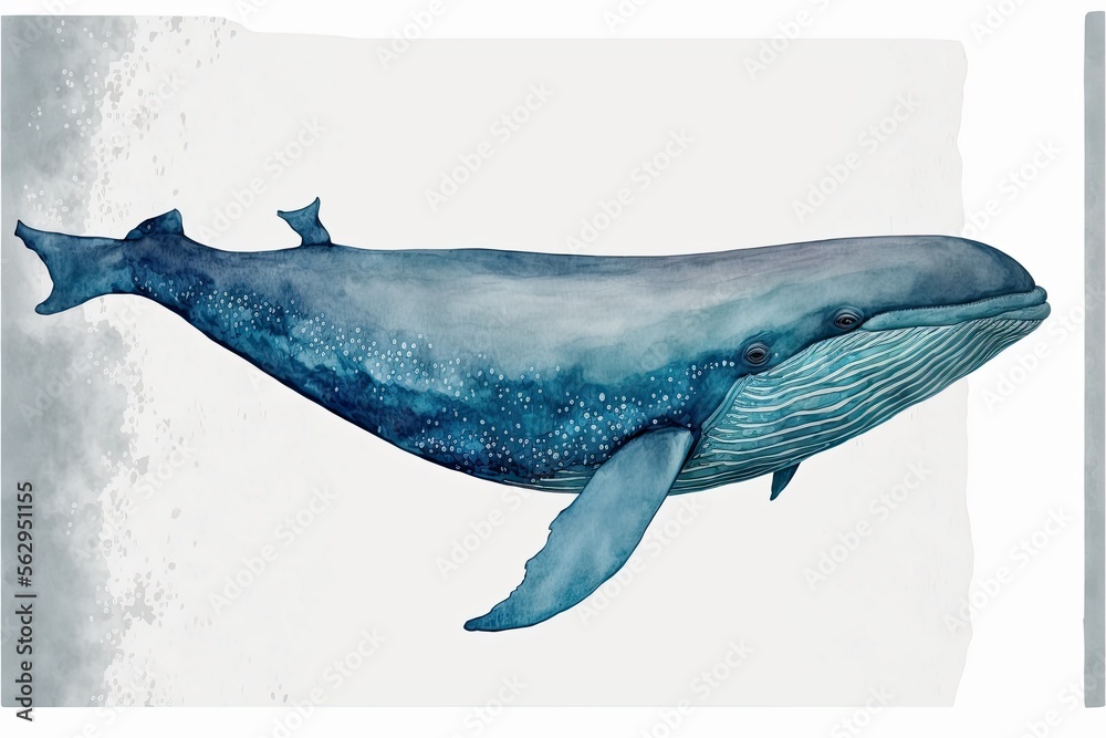 Watercolor blue whale illustration isolated on white background. Hand ...
