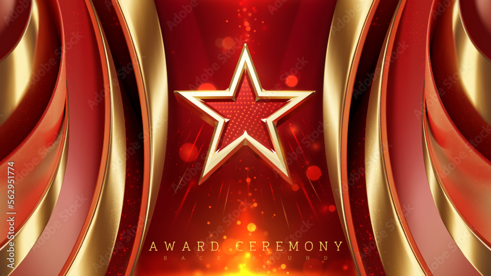 Golden 3D stars on red background decorated with curves and glitter and ...