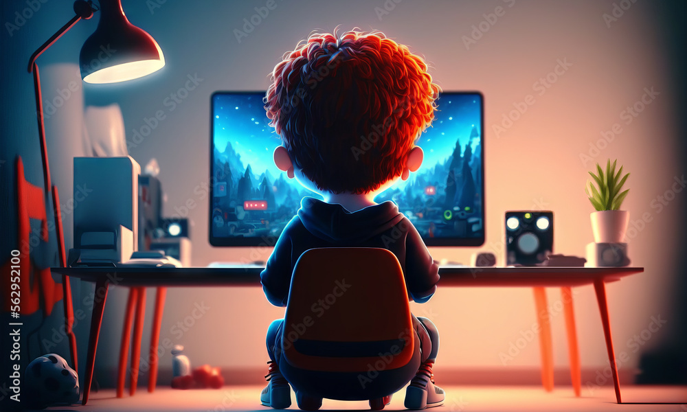 Kid playing video games in his room. Back view of a child sitting in ...