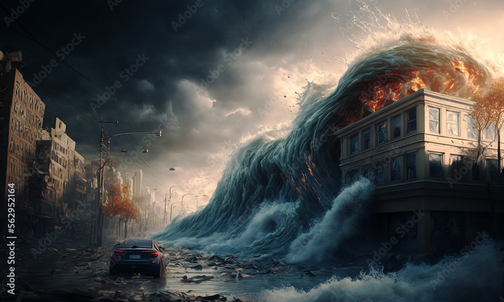 Huge tsunami destroying a city. Dramatic scenery with a big wave ...