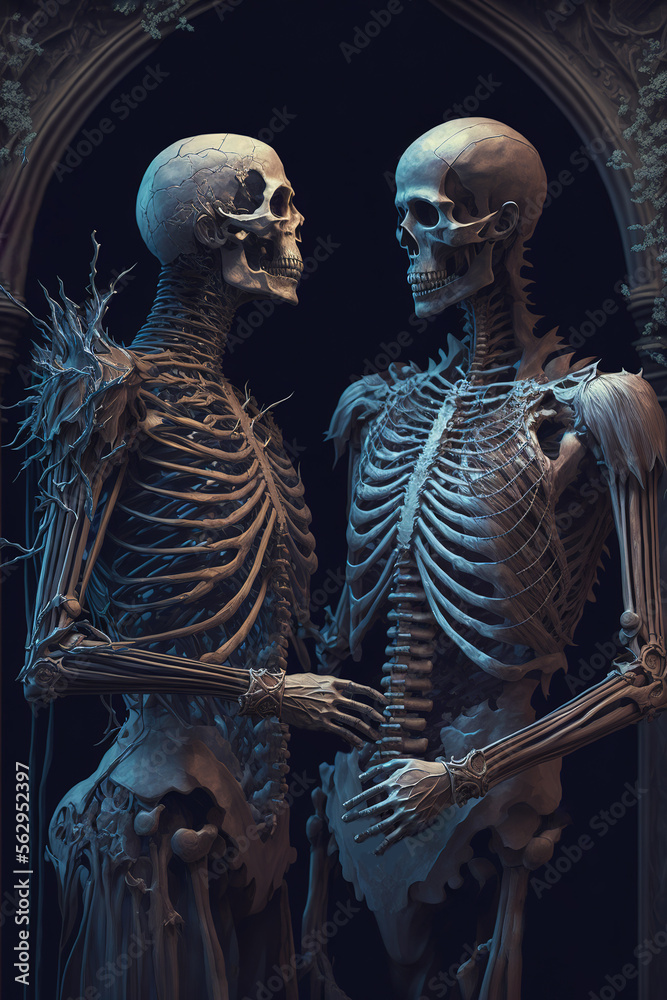 a couple of skeletons standing next to each other, skull, bones, zombie ...