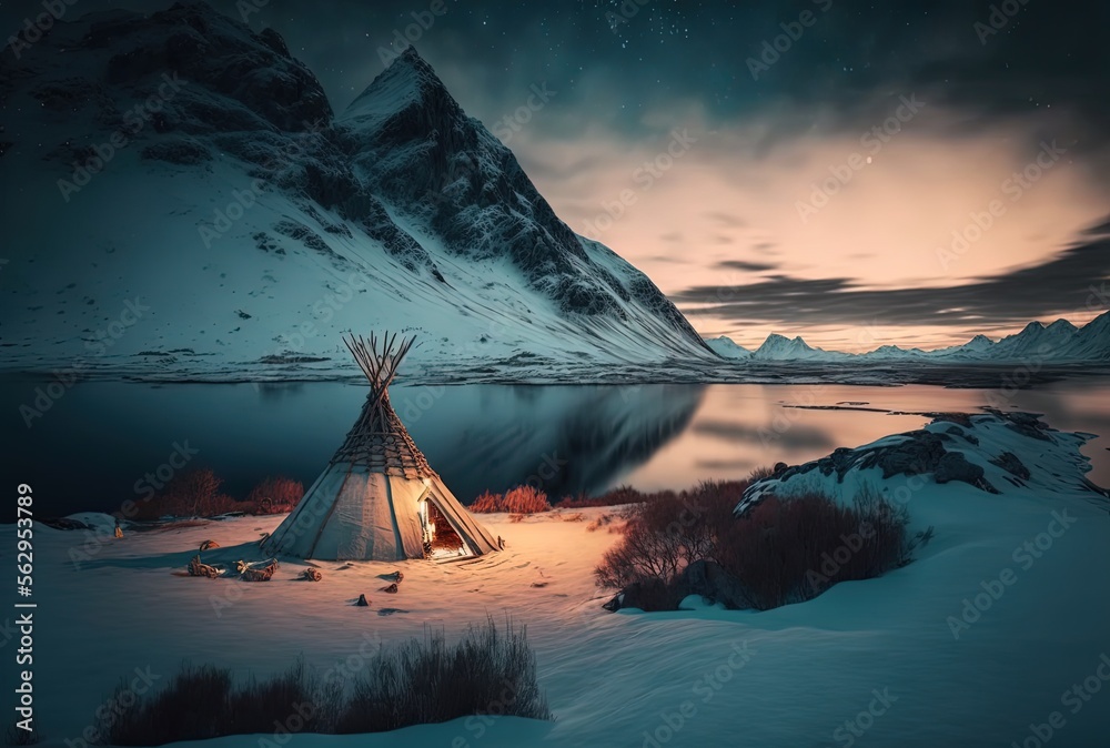 beautiful winter lake scenery with snow peak mountain and a tipi ...