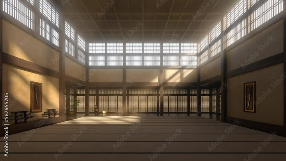 Traditional Japanese Karate Dojo. Slow camera zoom in. Empty 3D scene ...