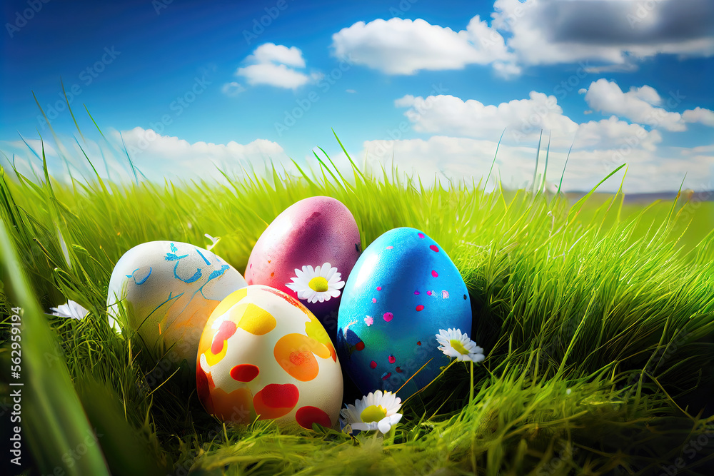 Colorful easter eggs hidden in grass under beautiful blue sky as easter ...