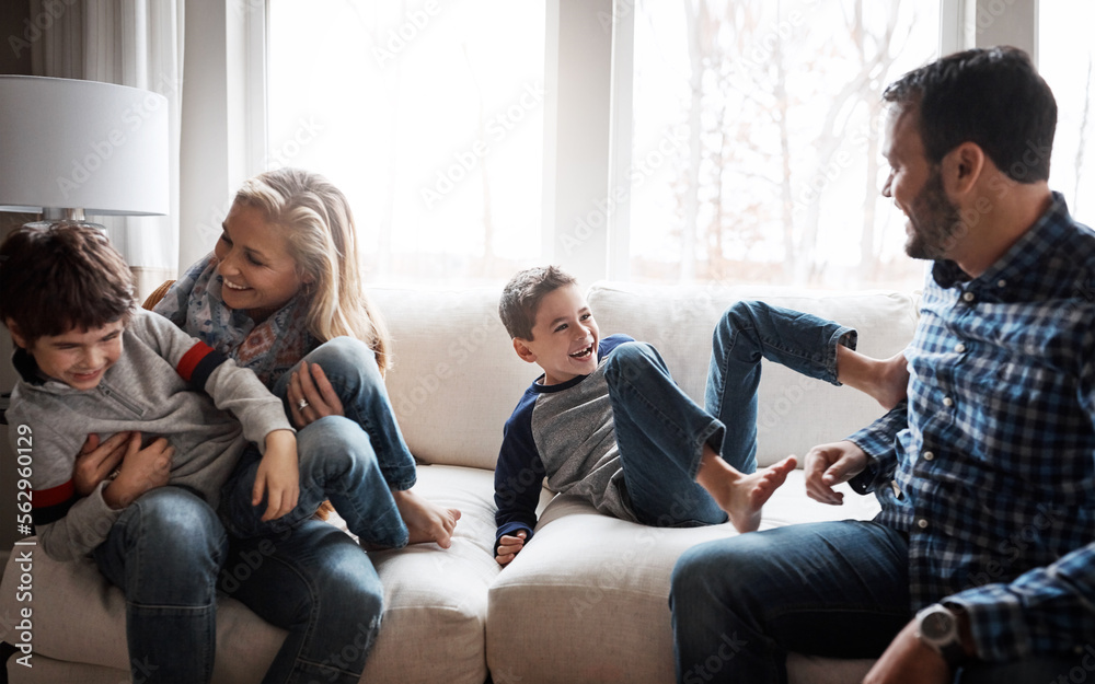 Love, bonding and family on the sofa for fun, playing and playful ...