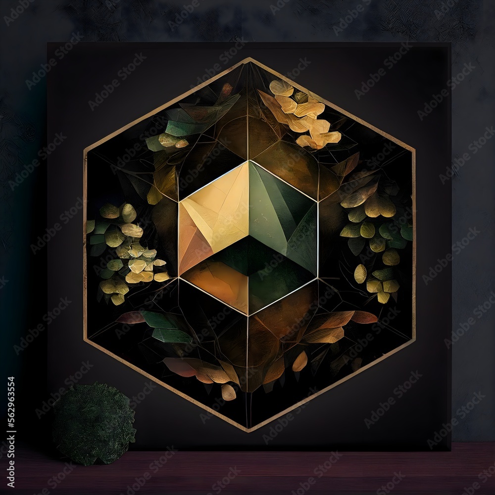 symmetrical minimalist hieronymus bosch art, polygon, forest colors ...
