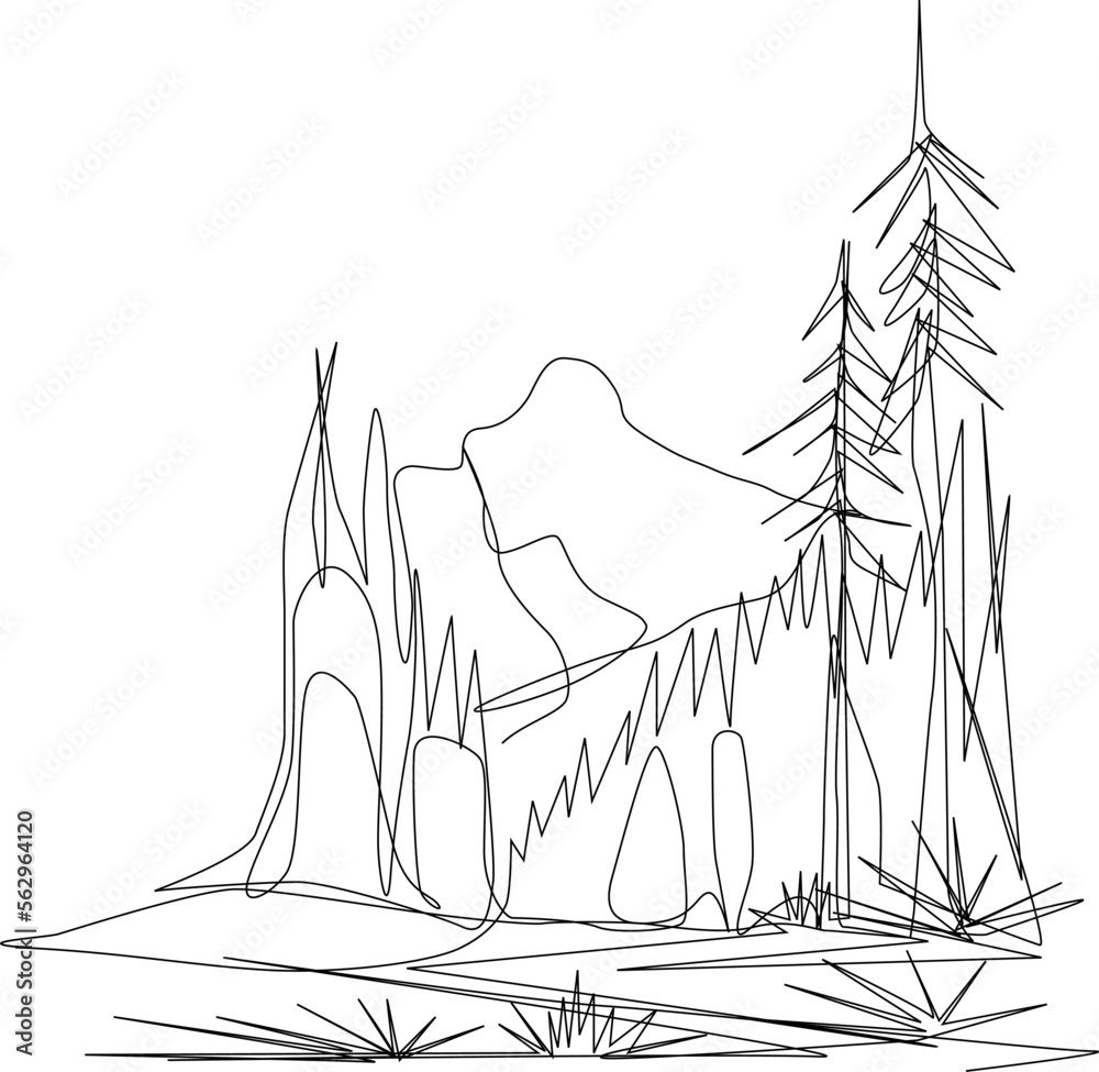 One-line art. One continues line art. drawing of a tree and mountain ...