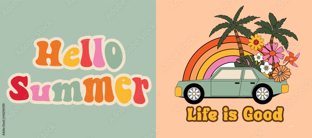 Hello Summer retro graphic set of two illustrations. Summer time ...