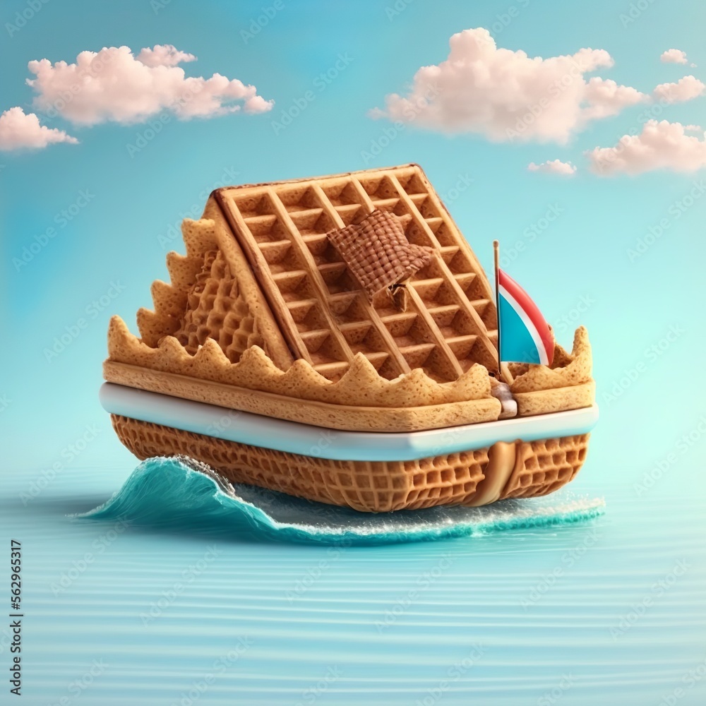 waffle raft on the sea with a toast as a sail, funny, cute concept ...