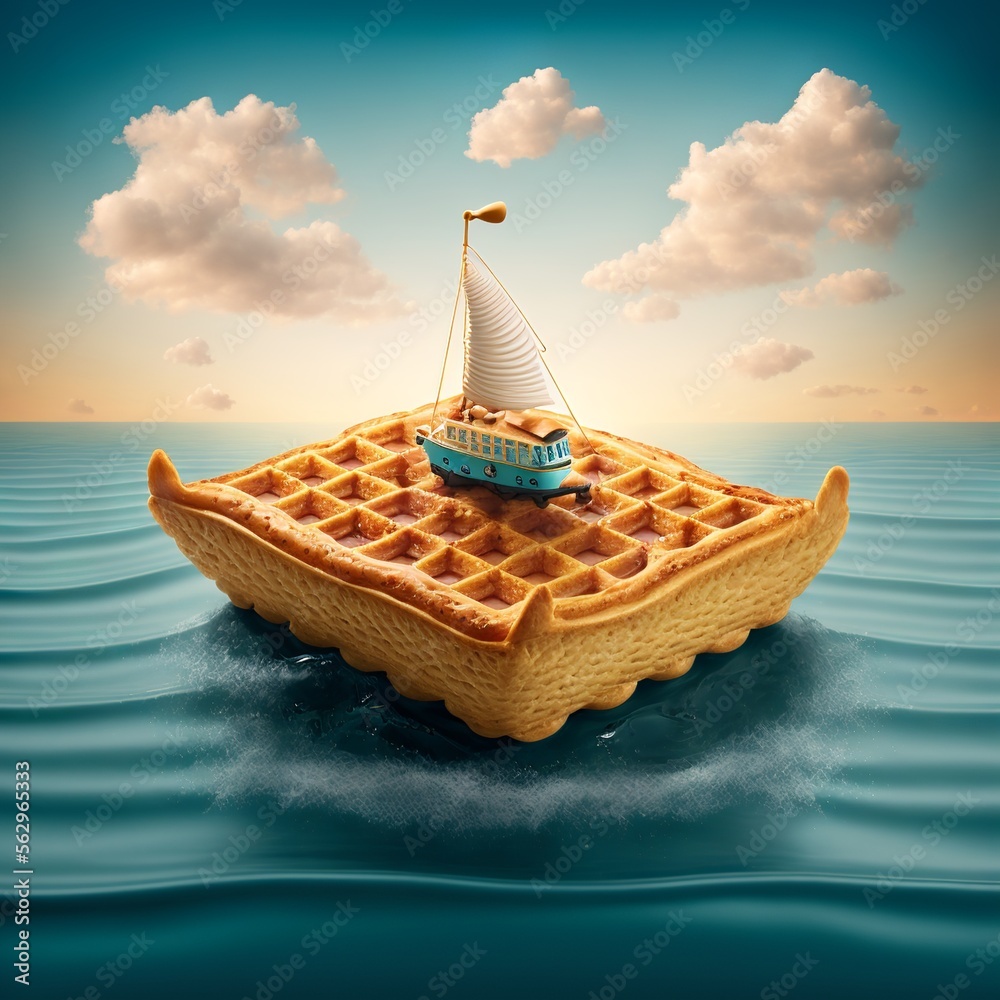 waffle raft on the sea with a toast as a sail, funny, cute concept ...